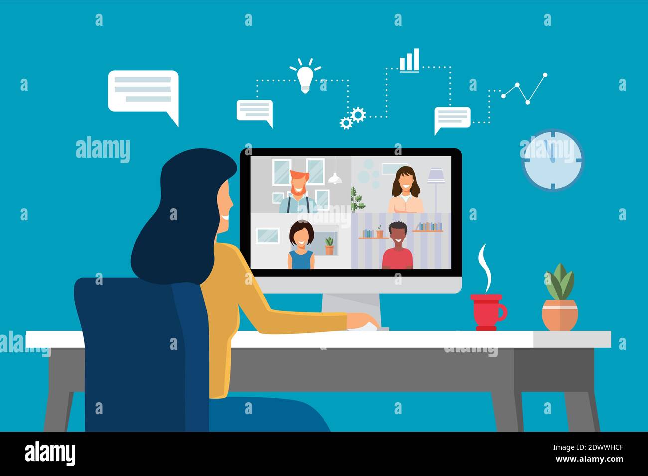 Video conference with people group on a computer at home, meeting ...