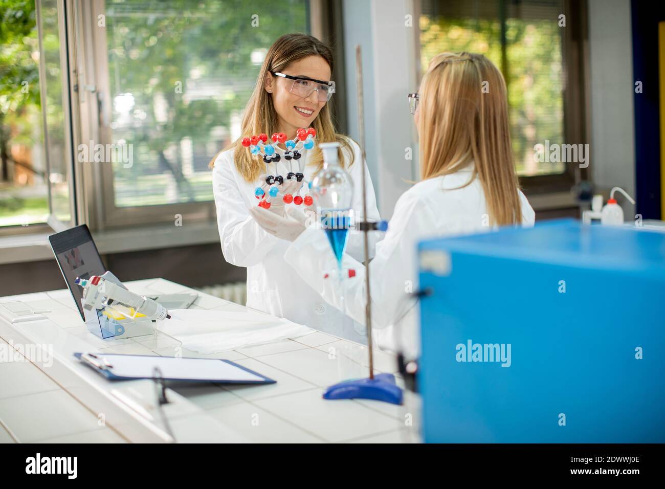 Female chemists with safety goggles hold molecular model in the lab ...