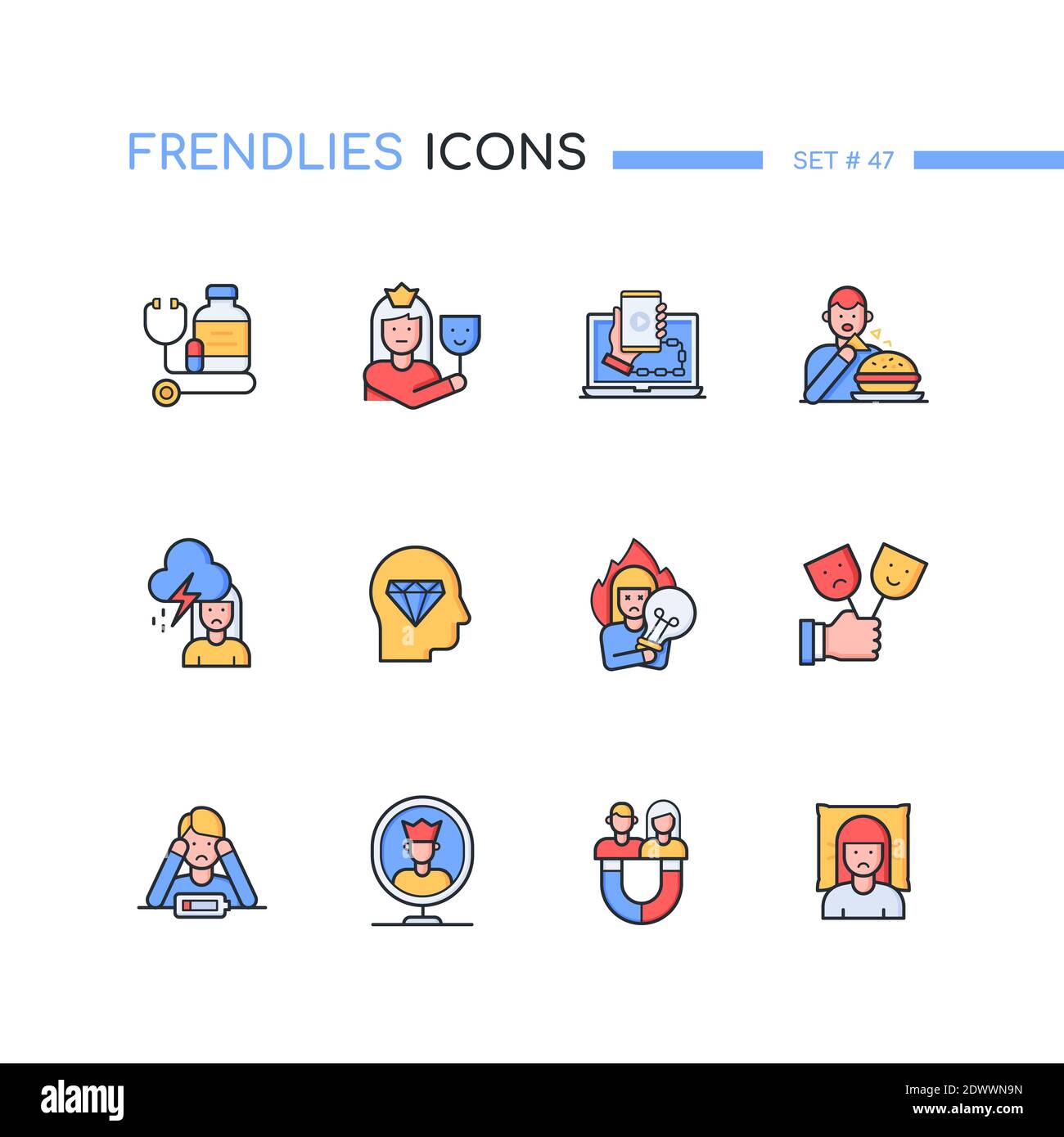 Psychological problems - line design style icons set. Mental health and ...