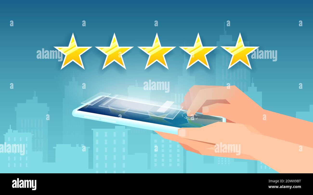 Vector of a customer with smartphone giving a five star rating Stock ...