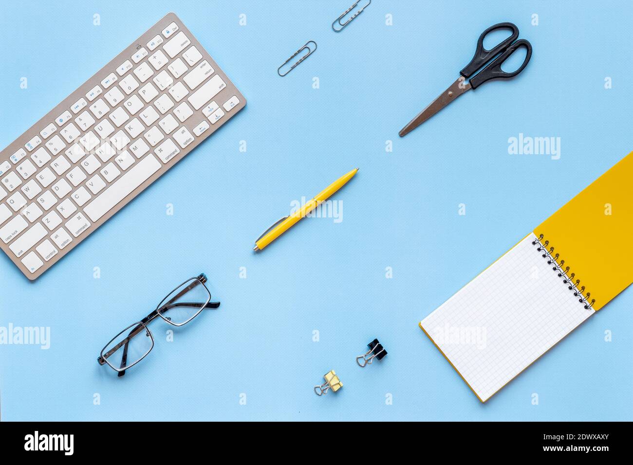 Flat lay top view office table - desk with supplies and keyboard Stock ...