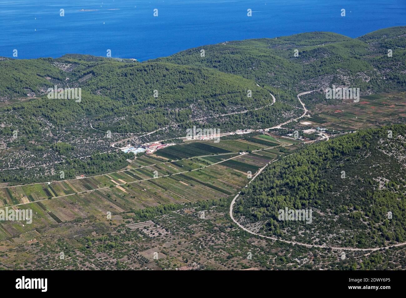 Aerial view of the countryside of Korcula island, Adriatic Sea, Croatia ...