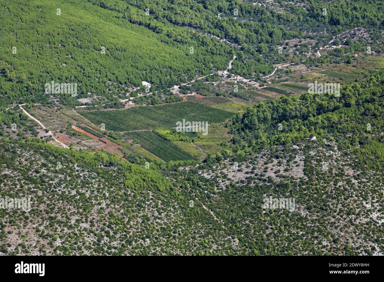 Aerial view of the countryside of Korcula island, Adriatic Sea, Croatia ...