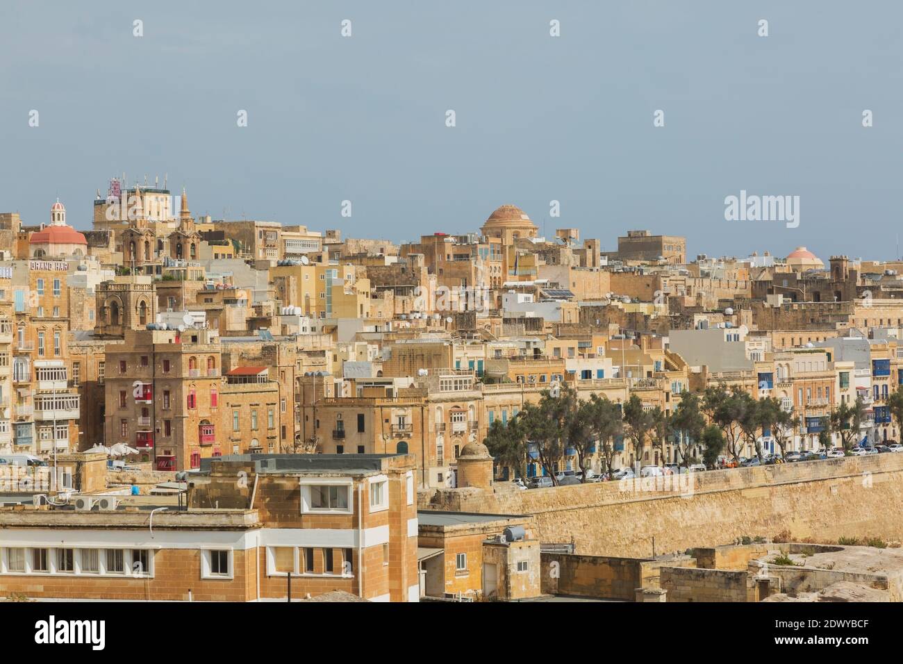 Valletta city skyline with old fortification walls and architectural ...