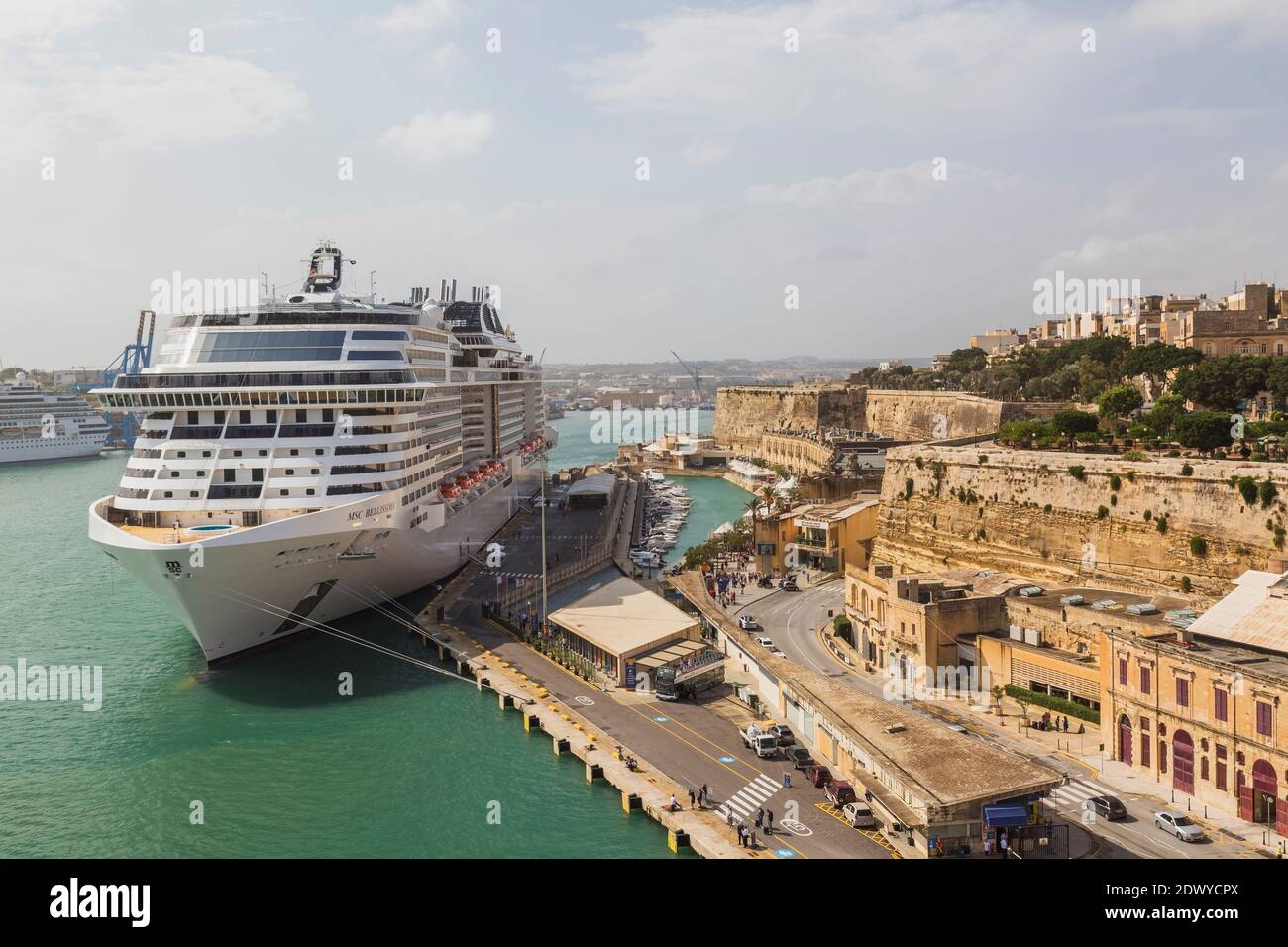 Docked MSC Bellisima cruise ship in Grand Harbour and Valletta skyline ...