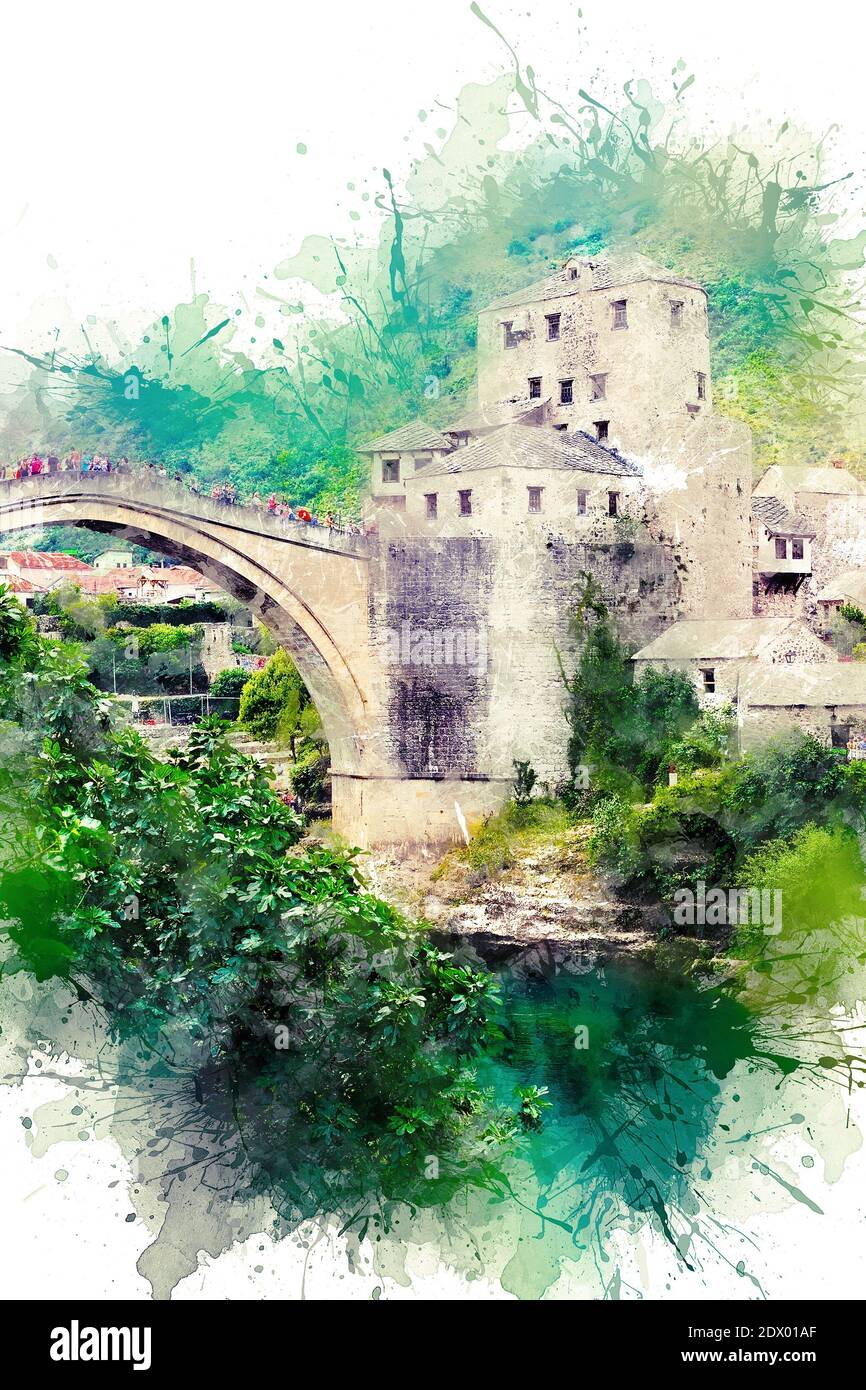 Watercolor drawing. The Old Bridge, Mostar, Bosnia-Herzegovina Stock ...