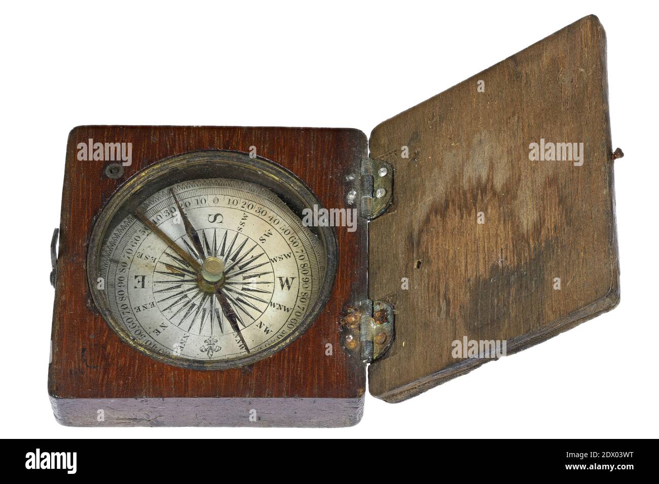 ancient portable compass in wooden case isolated on white background ...