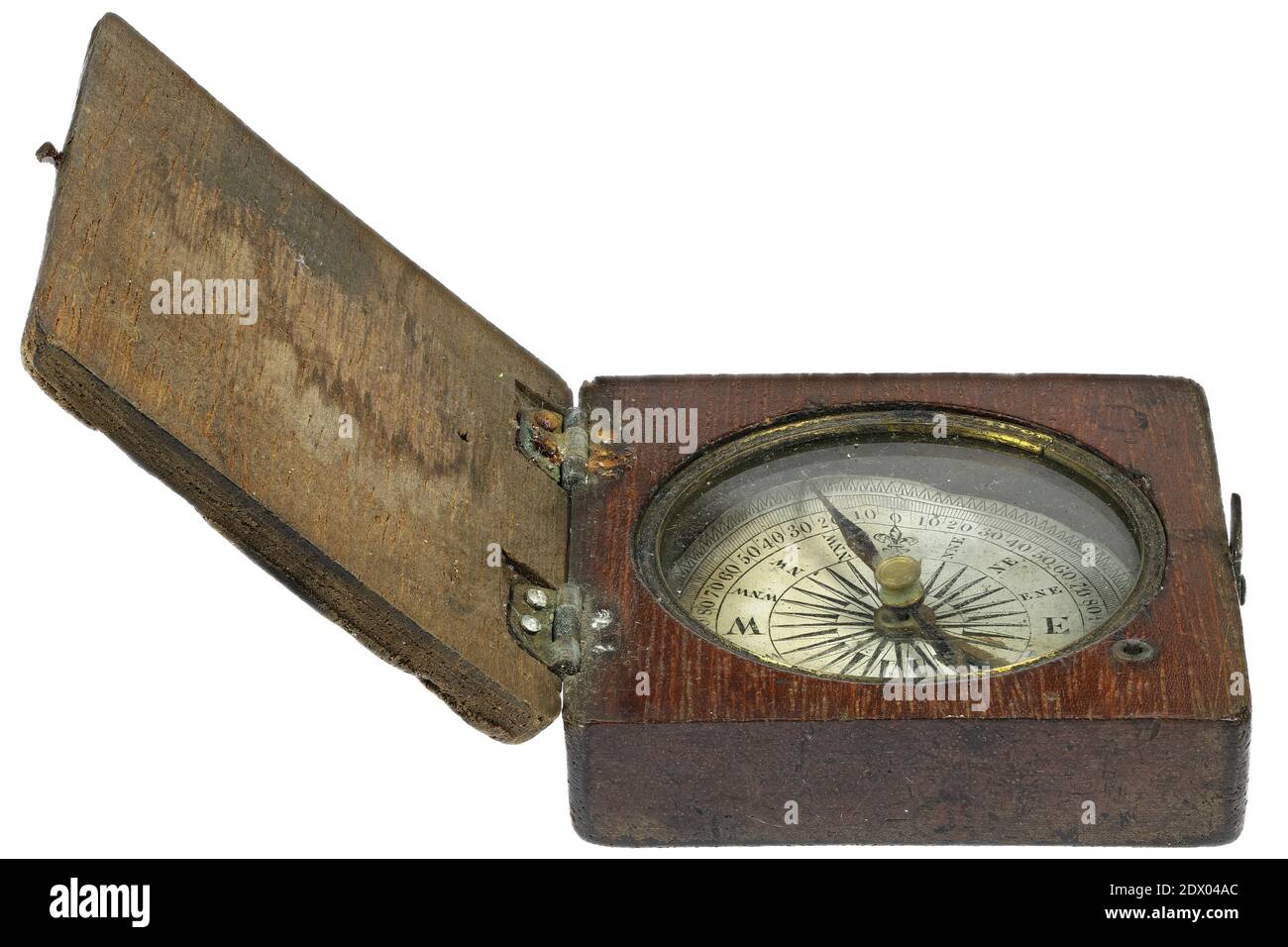 ancient portable compass in wooden case isolated on white background ...