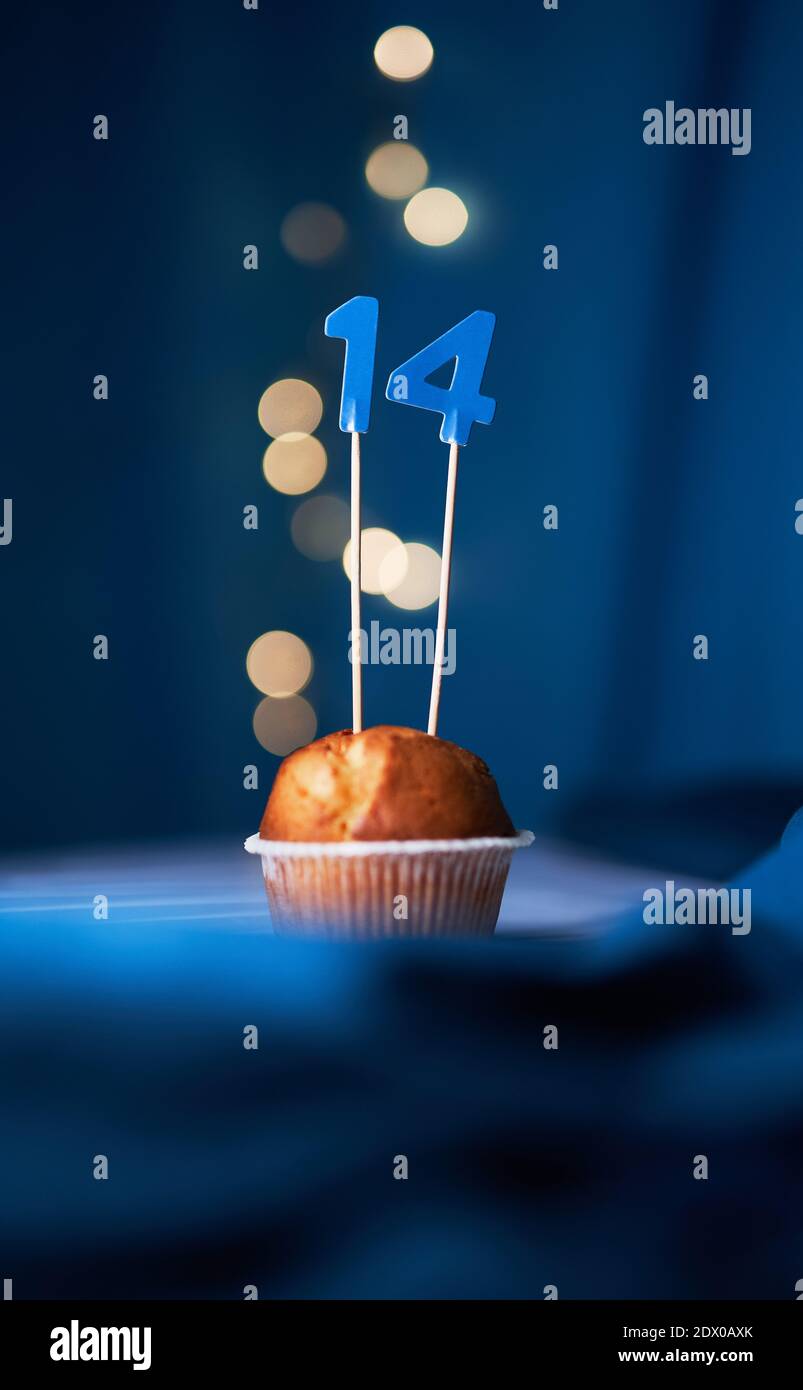 Birthday cupcake or muffin with number fourteen (14) and lights on the ...