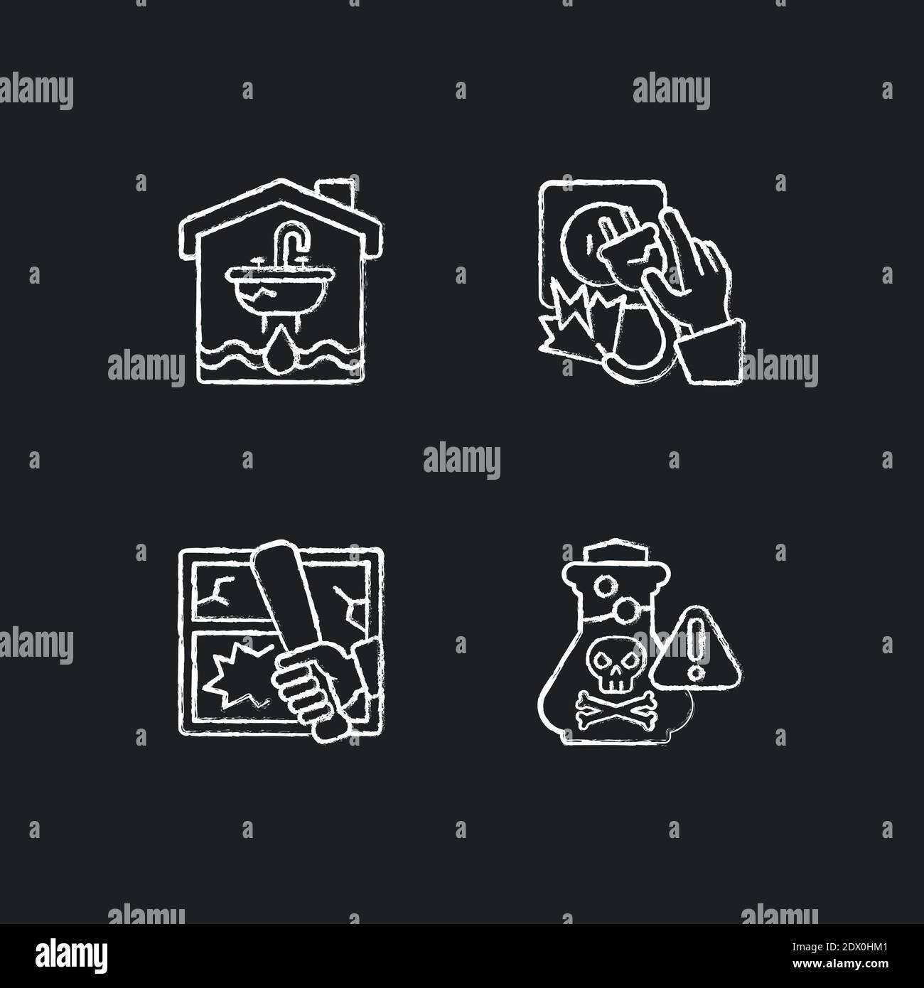 Preventing house hazards chalk white icons set on black background ...