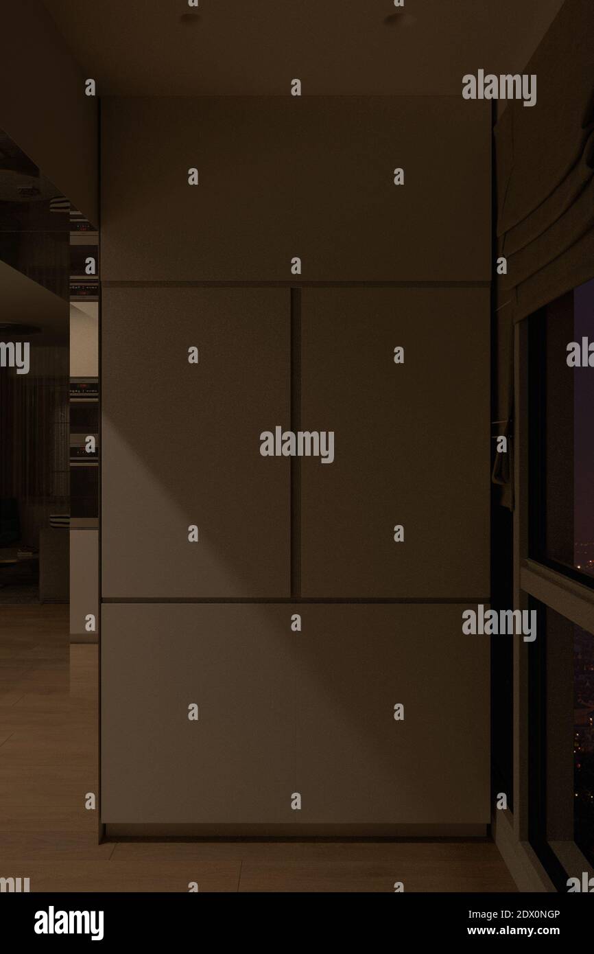 3d render of a kitchen cabinet for making coffee, night interior ...