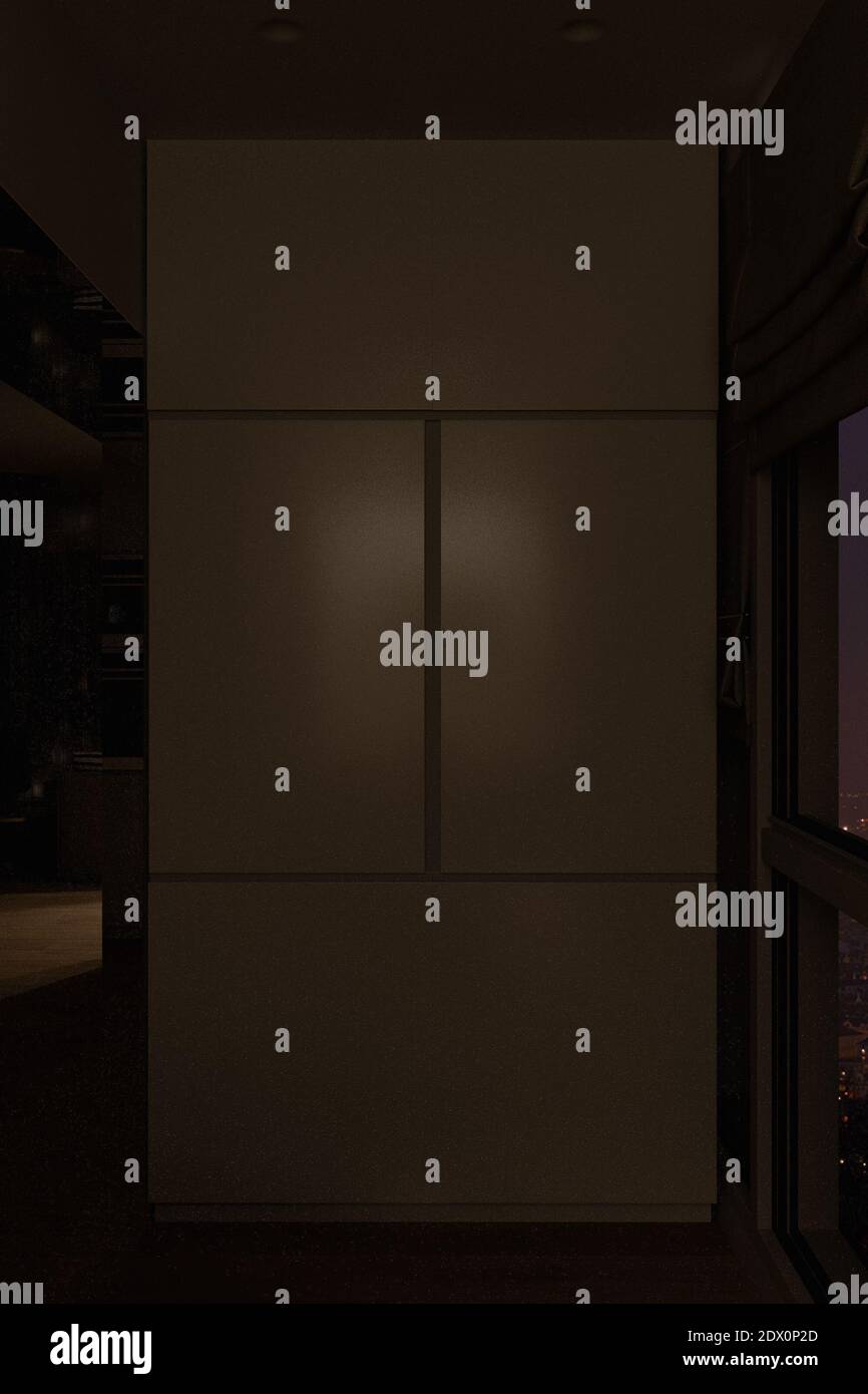 3d render of a kitchen cabinet for making coffee, night interior ...