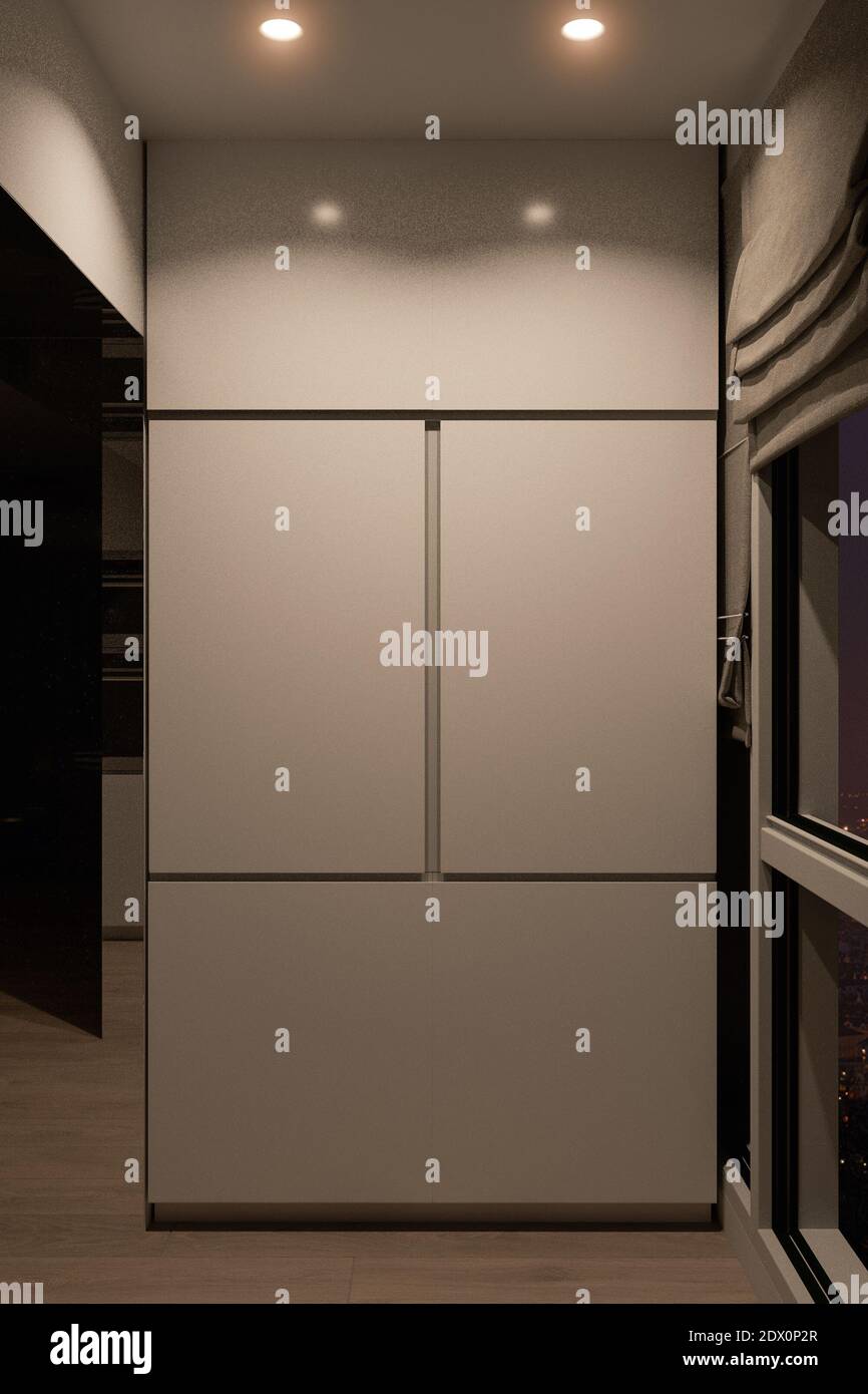 3d render of a kitchen cabinet for making coffee, night interior ...