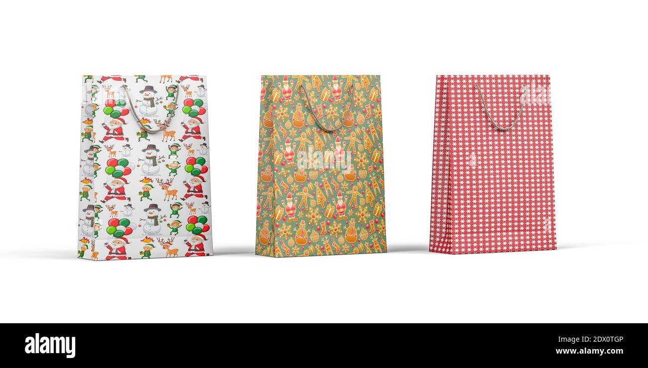 3d illustration of Christmas bags - Three paper bags with a Christmas ...