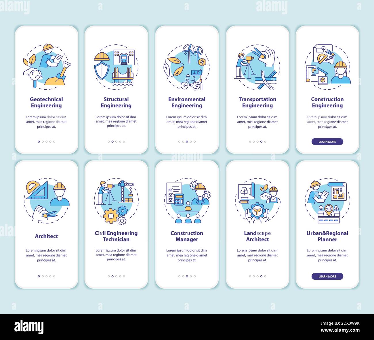 Engineering expertise types onboarding mobile app page screen with ...