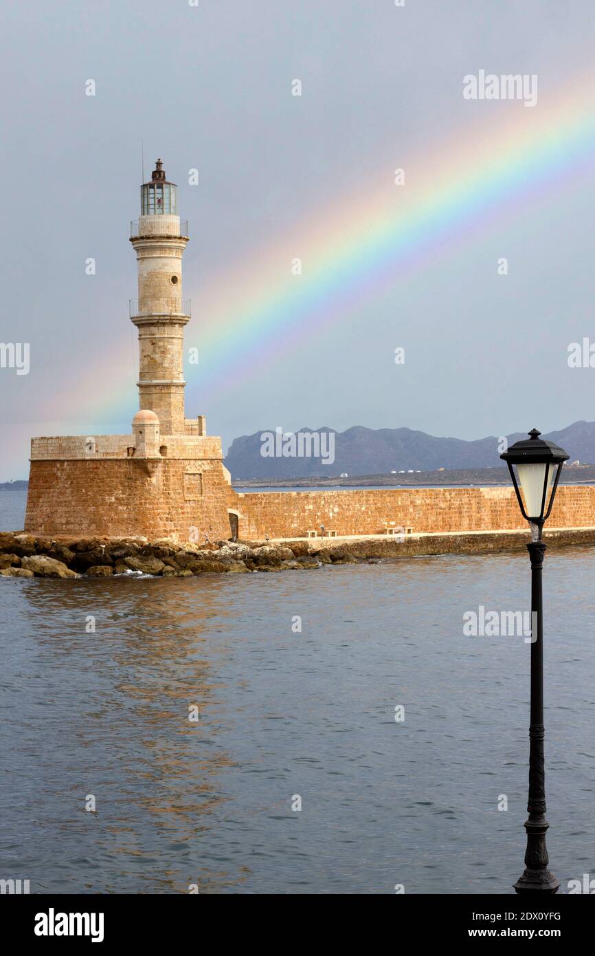 Rainbow at the Old Port of Chania town, in Crete island, Greece ...
