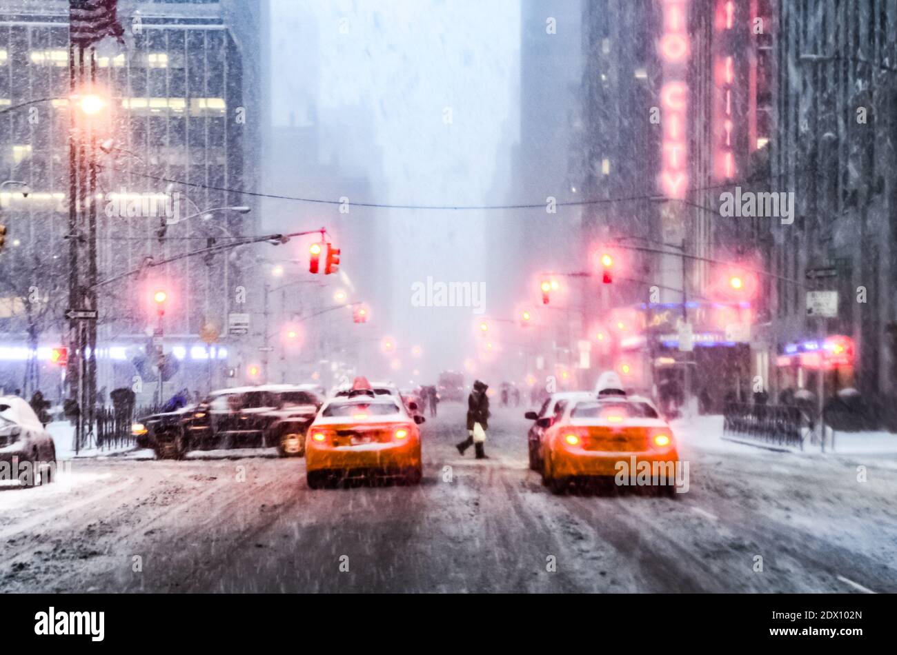 Winter snowstorm blizzard in New York City with heavy snow fall, cars ...