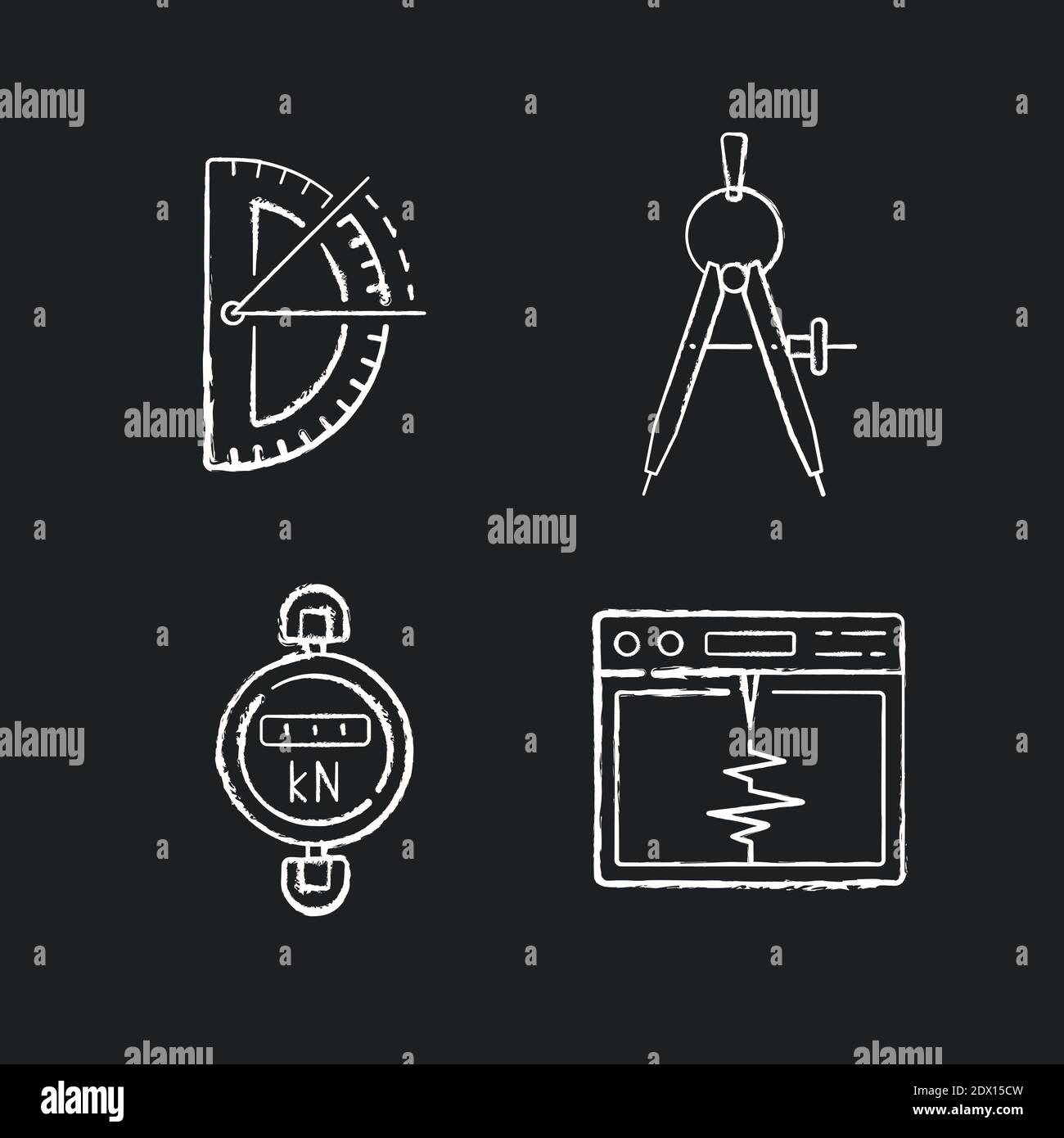 Measurement tools chalk white icons set on black background Stock ...