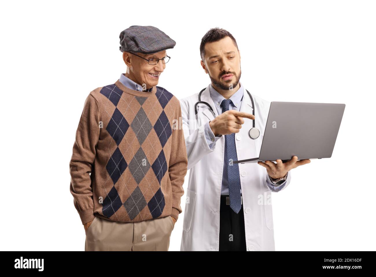Doctor with an elderly patient holding a laptop computer and pointing ...