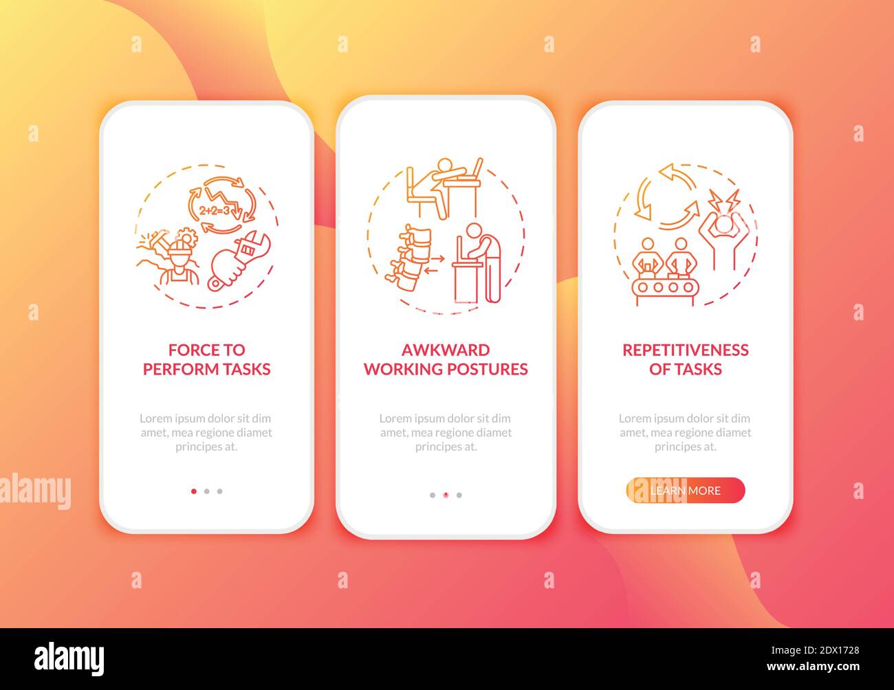 Ergonomic irritants onboarding mobile app page screen with concepts ...