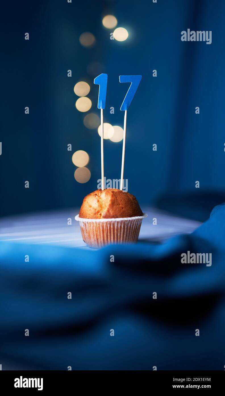 Birthday cake or muffin with seventeen (17) number and blurred lights ...