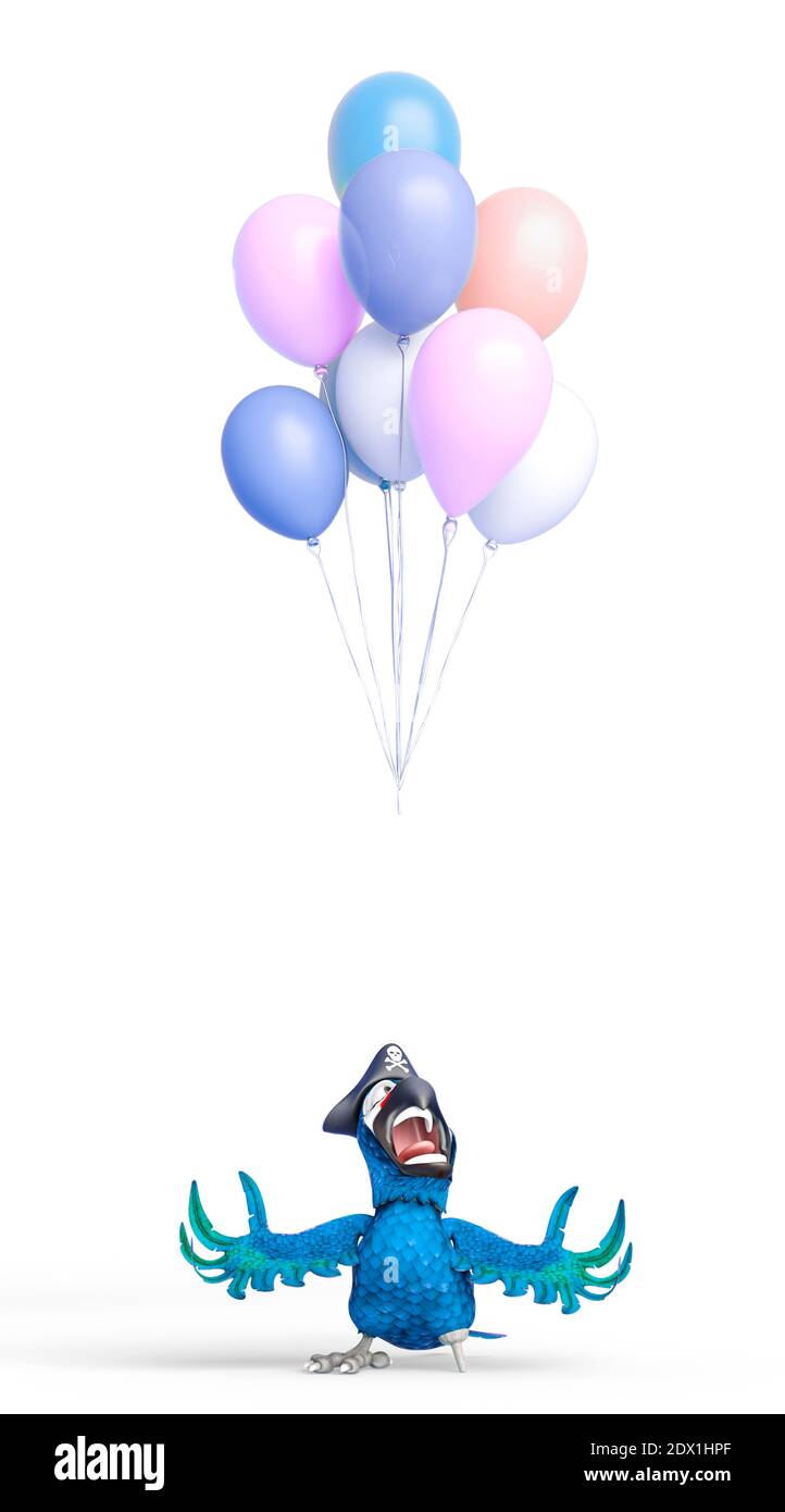 parrot pirate is saying goodbye to the balloons, 3d illustration Stock ...