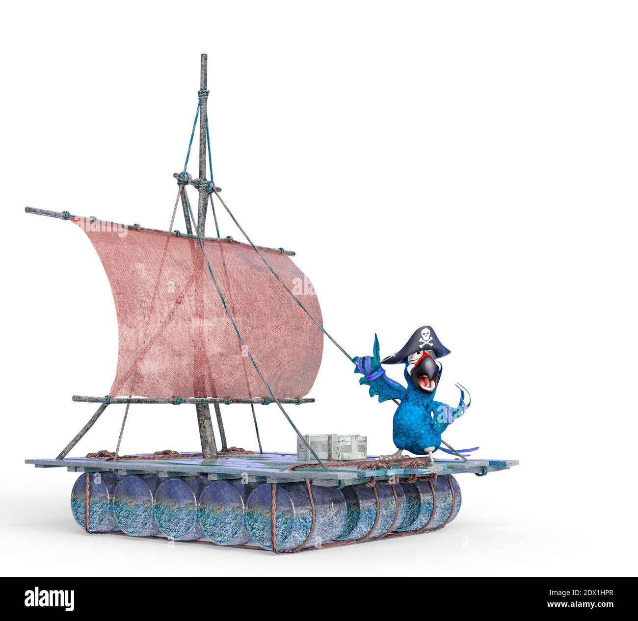 parrot pirate is sailing on the raft, 3d illustration Stock Photo - Alamy