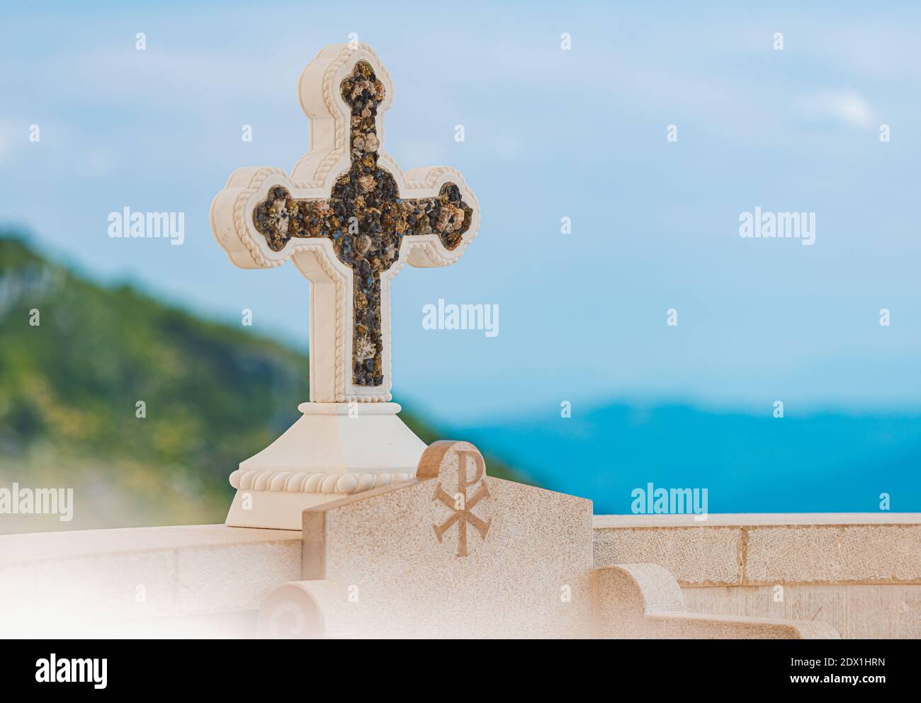 Cross in Monastery Ostrog of the Serbian Orthodox Church against blue ...
