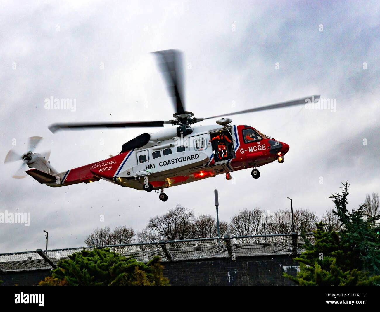 HM Coastguard search and rescue Helicopter landing at James Cook ...