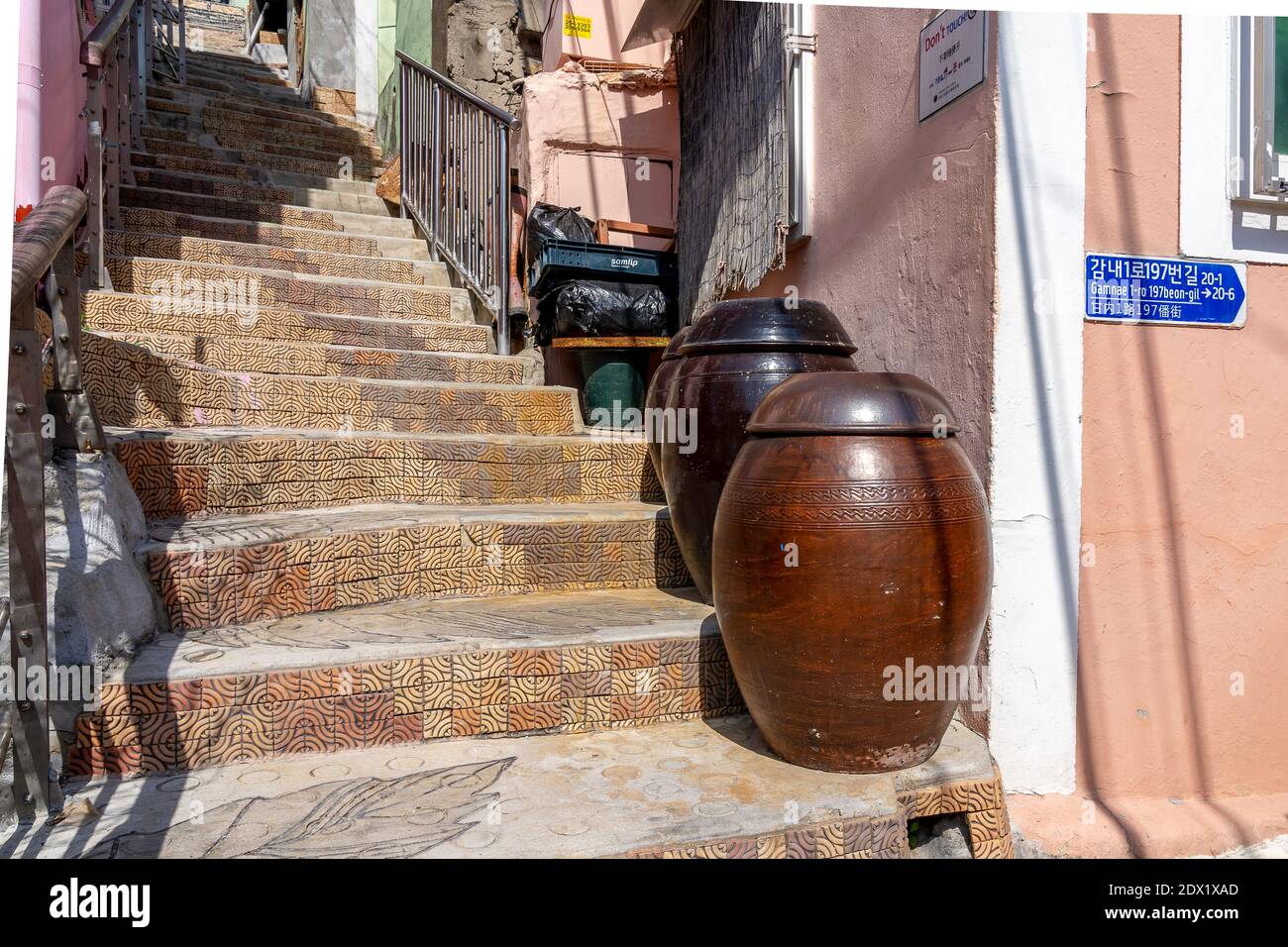 Kimchi altars on the stair at Gamcheon Culture Village in Busan, South ...