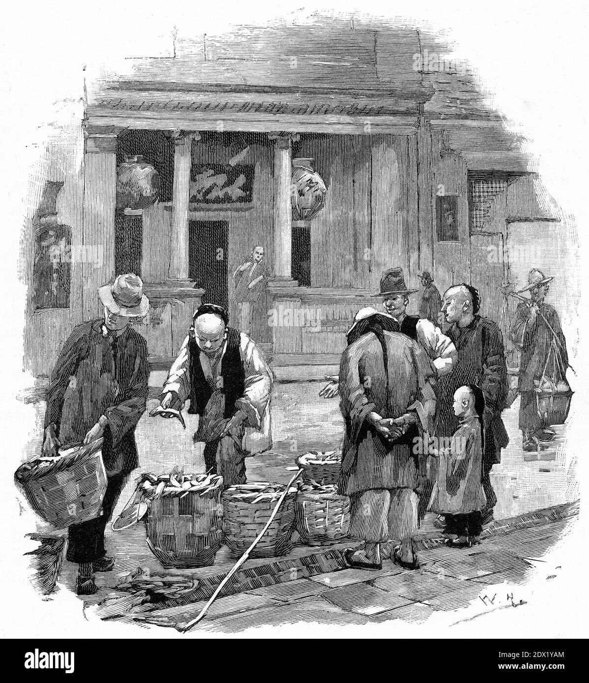 Engraving of Chinese gathering outside an opium den, a common sight ...