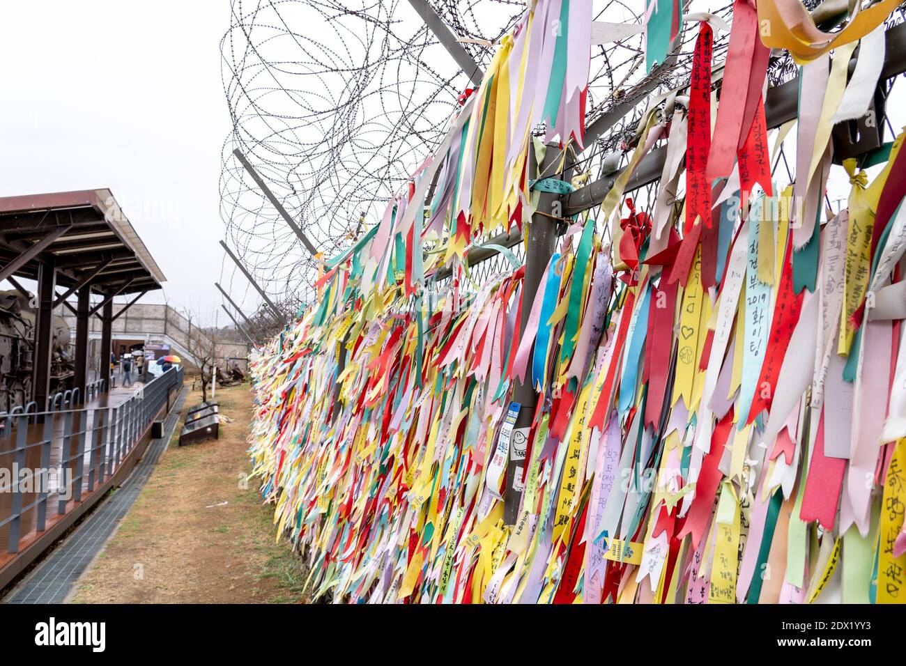 Prayer ribbons tied on the fence at Imjingak Park near DMZ in Paju ...