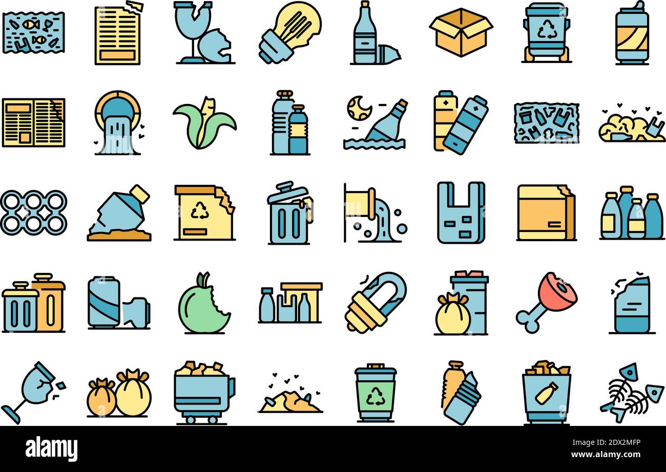 Waste icons set. Outline set of waste vector icons thin line color flat ...