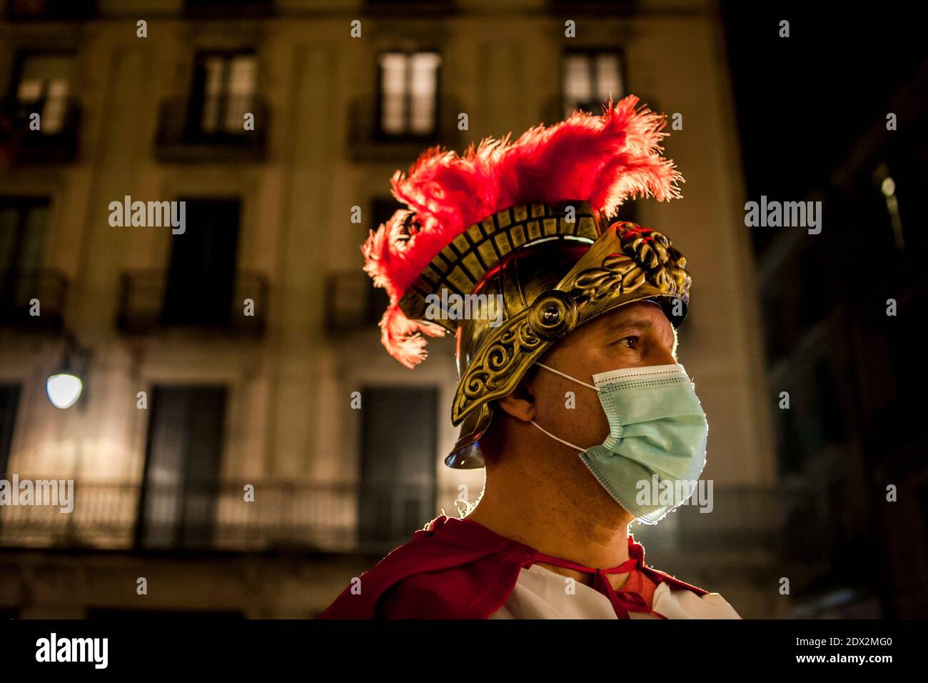 Man dressed in biblical costume representing a Roman centurion wears a ...