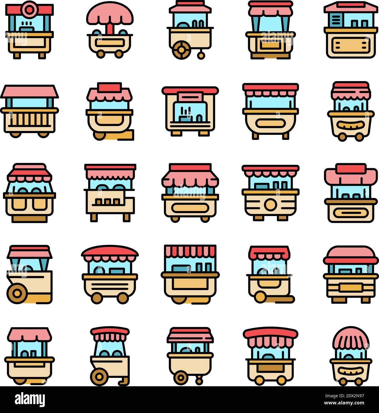 Hot dog cart icons set. Outline set of hot dog cart vector icons thin ...