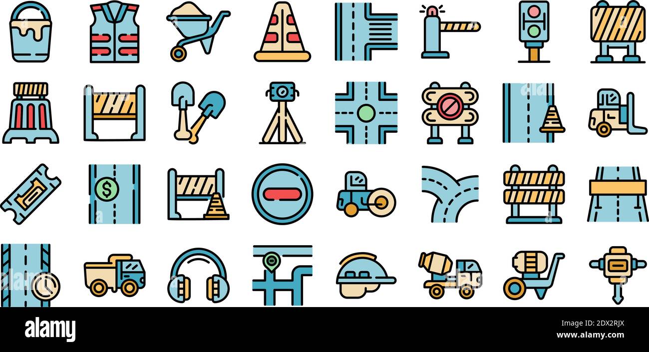 Highway construction icons set. Outline set of highway construction ...