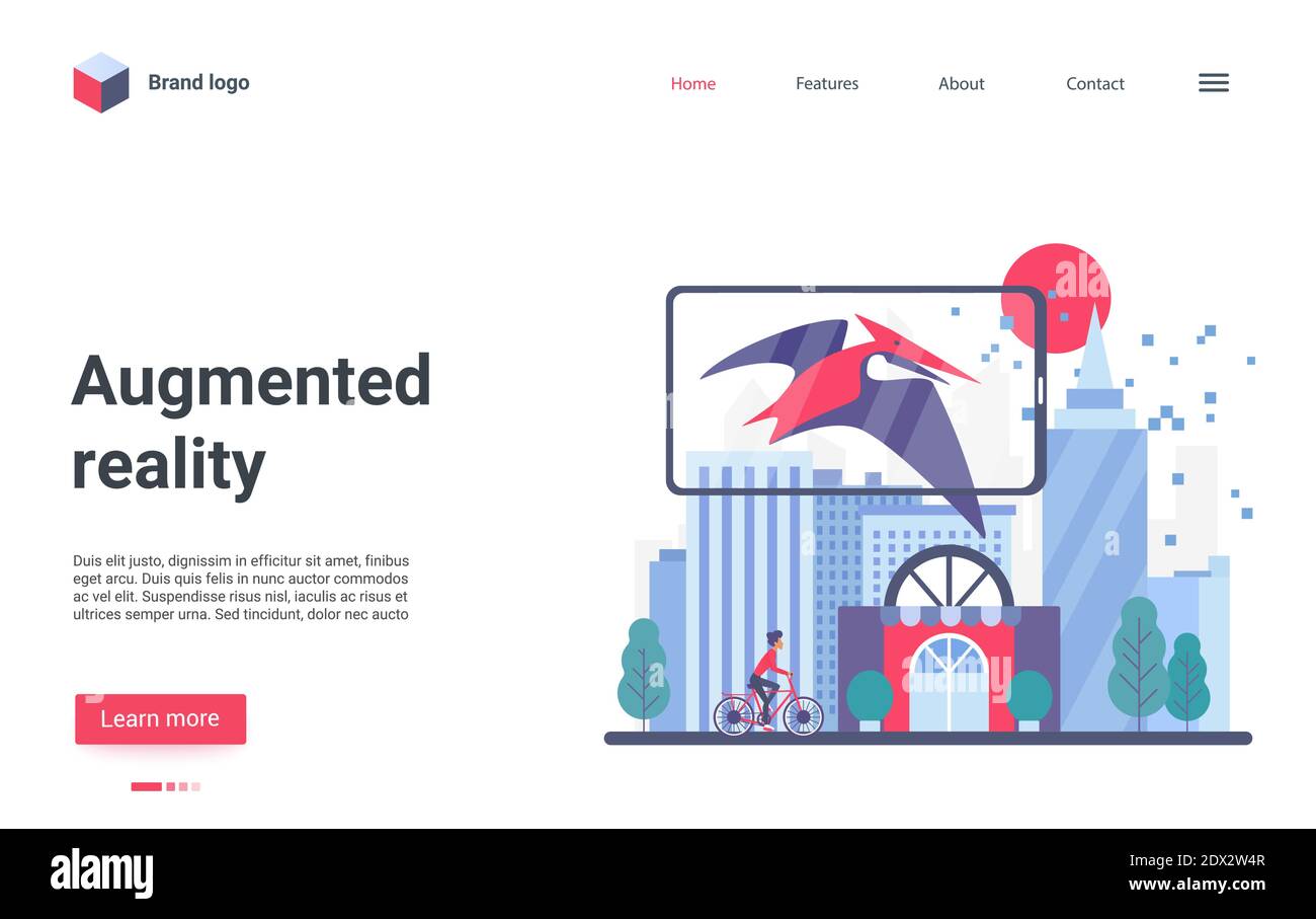 Augmented reality landing page vector template. Game experience website interface idea with flat ...