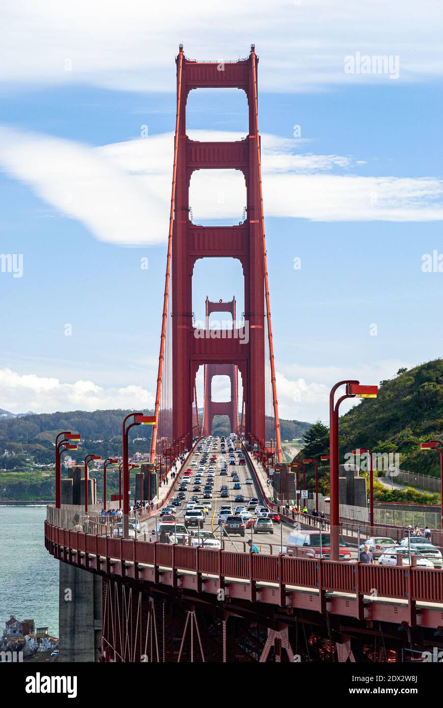 Front view of the Golden Gate Bridge with traffic from View Vista Point ...