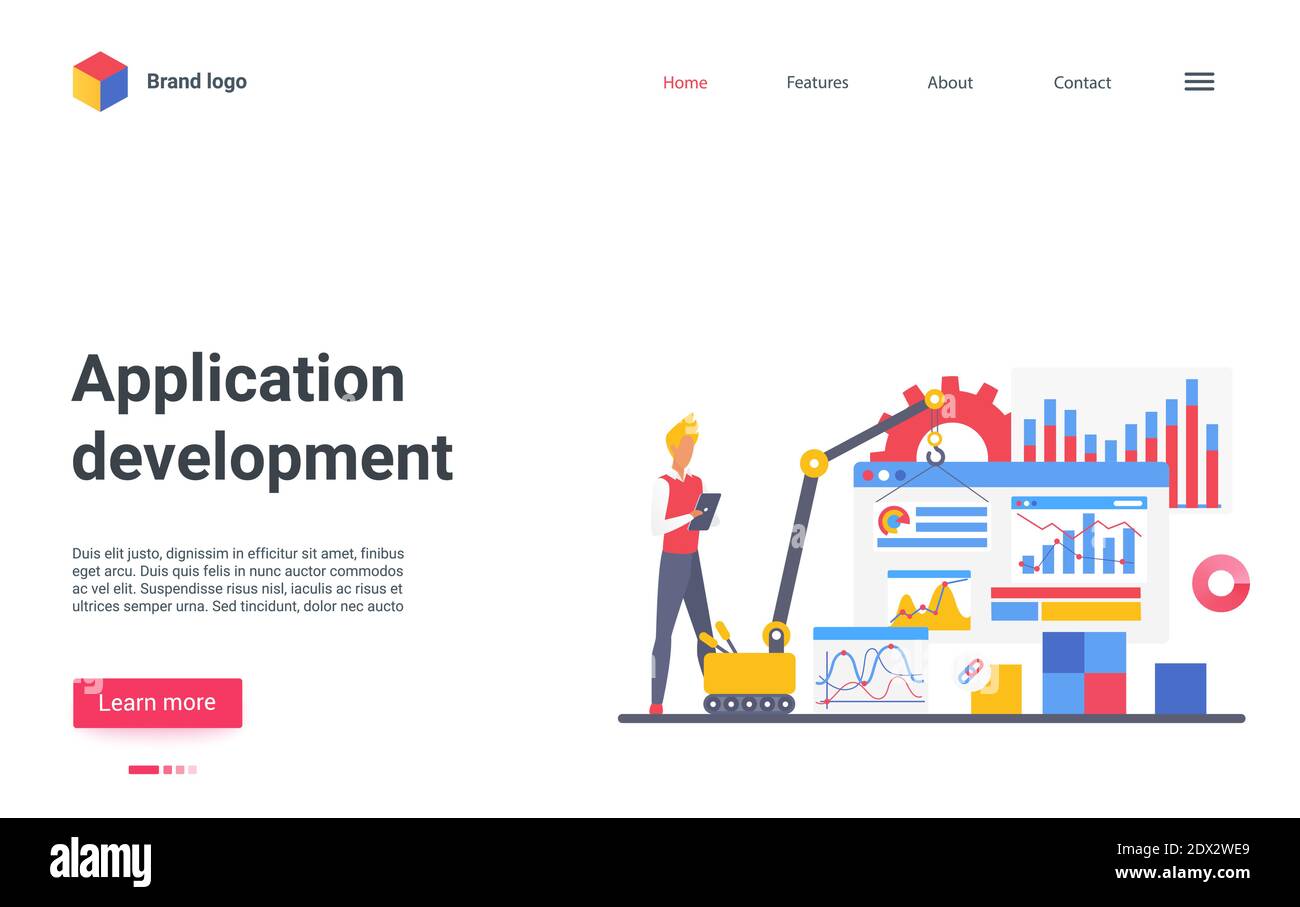 App development landing page vector template. Mobile programming website homepage interface ...