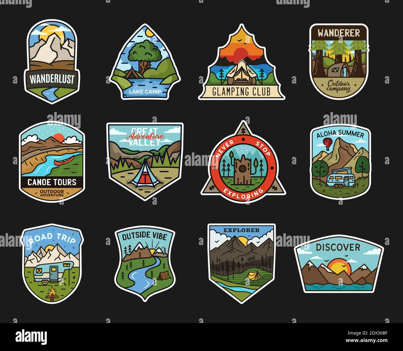 Camping adventure stickers design bundle. Travel hand drawn emblems ...