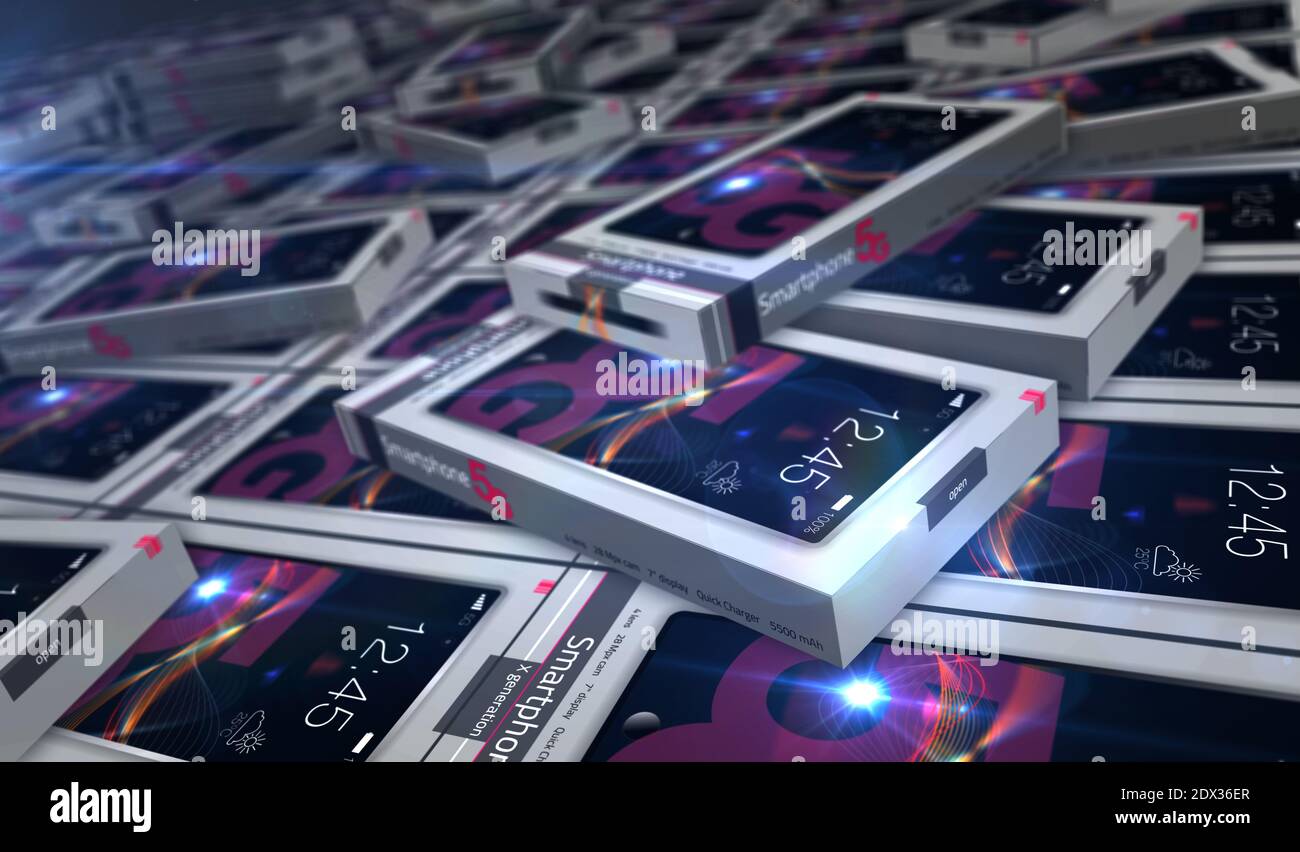 5G Smartphone pack production line. New mobile smart phone packing and ...