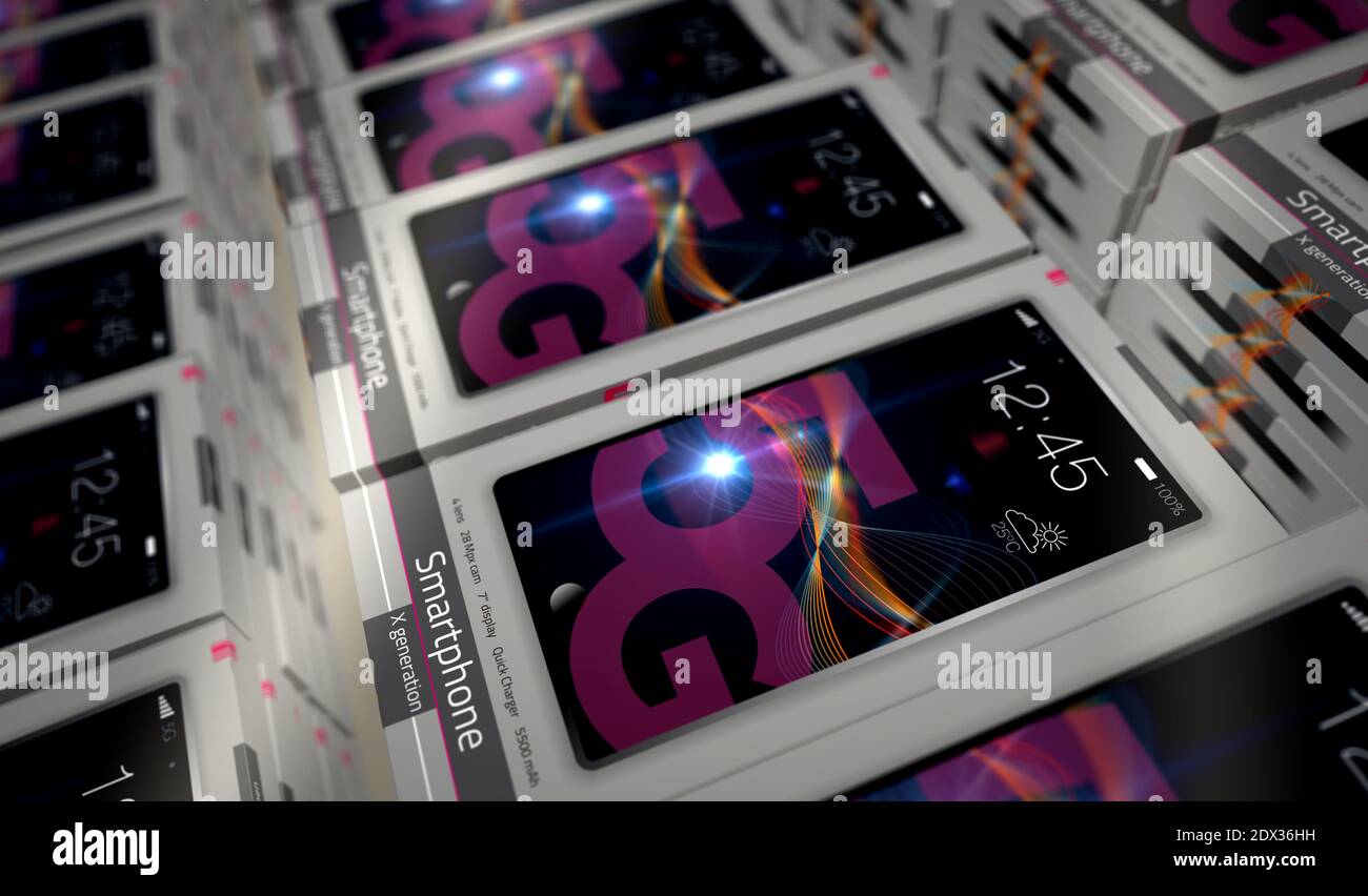 5G Smartphone pack production line. New mobile smart phone packing and ...