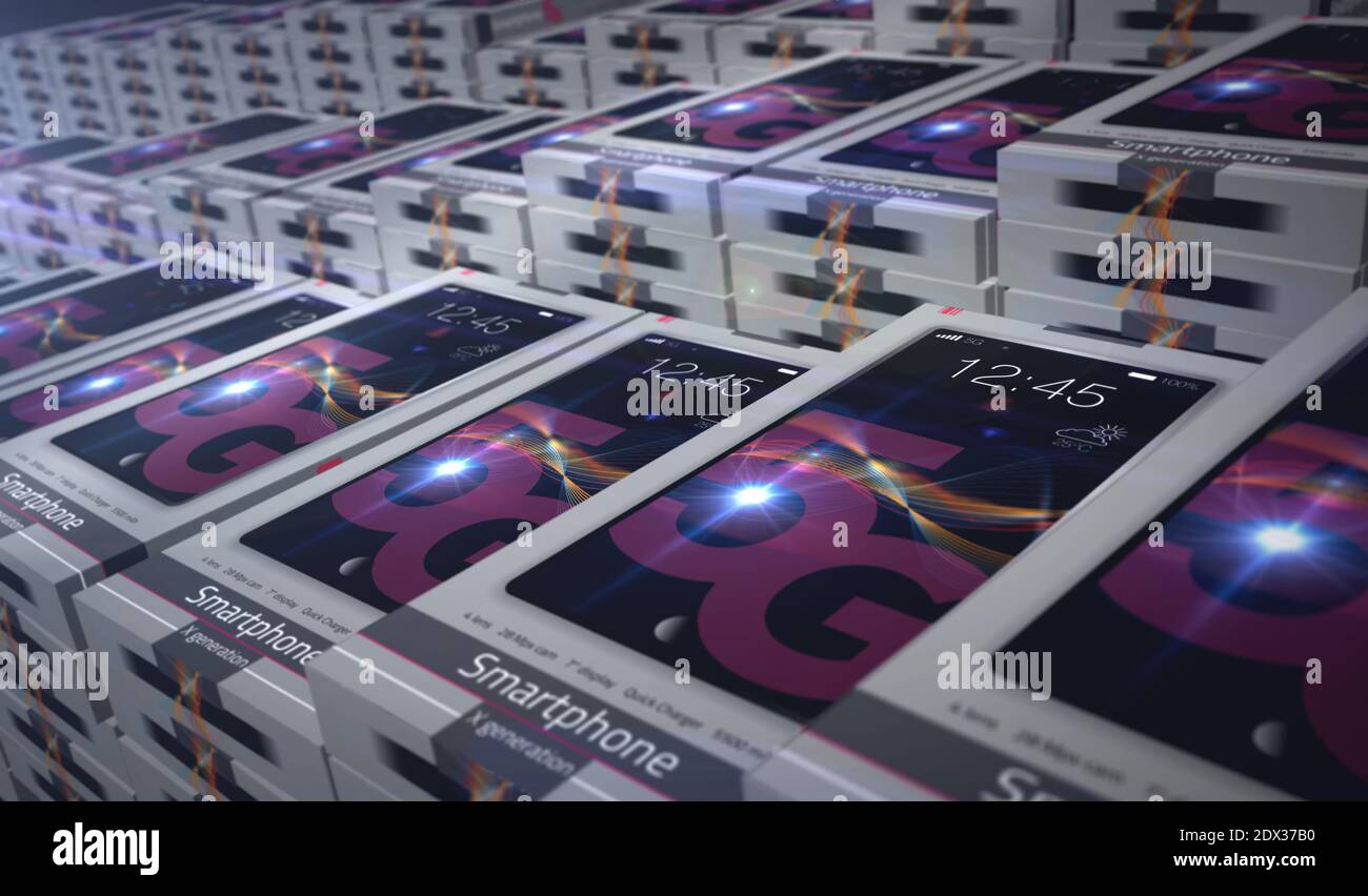 5G Smartphone pack production line. New mobile smart phone packing and ...