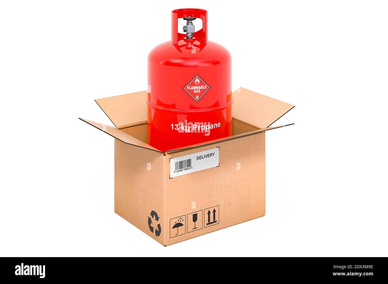 Propane Gas Cylinder Inside Cardboard Box Delivery Concept 3d Rendering Isolated On White