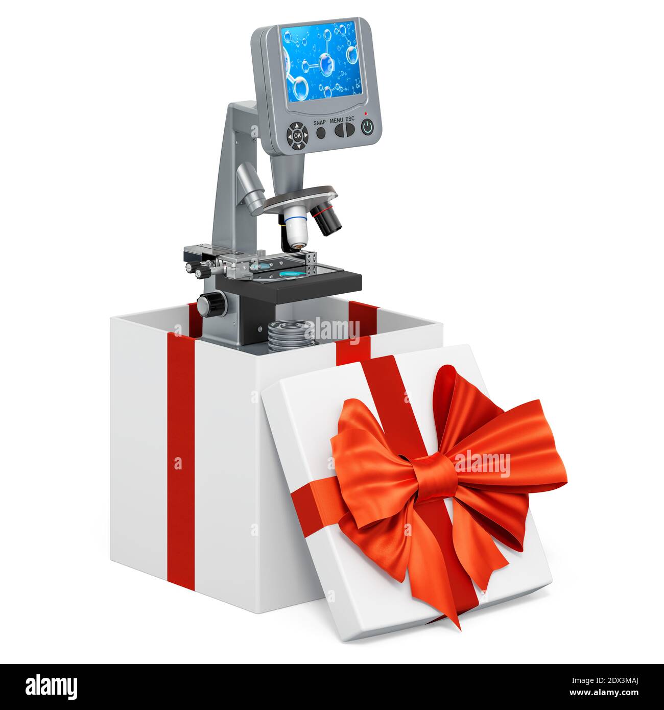 Digital microscope inside gift box, present concept. 3D rendering ...