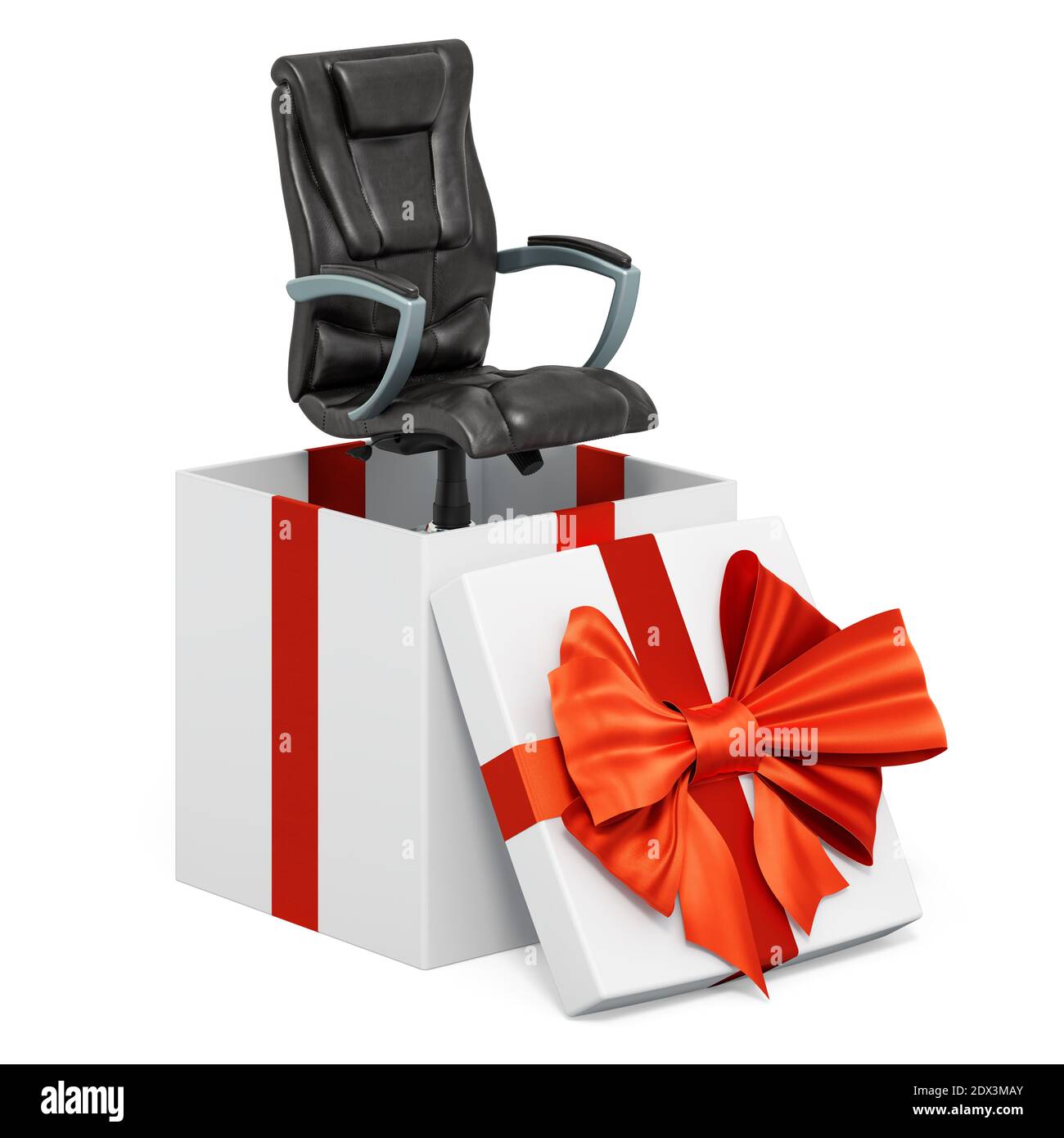 Office chair inside gift box, present concept. 3D rendering isolated on ...