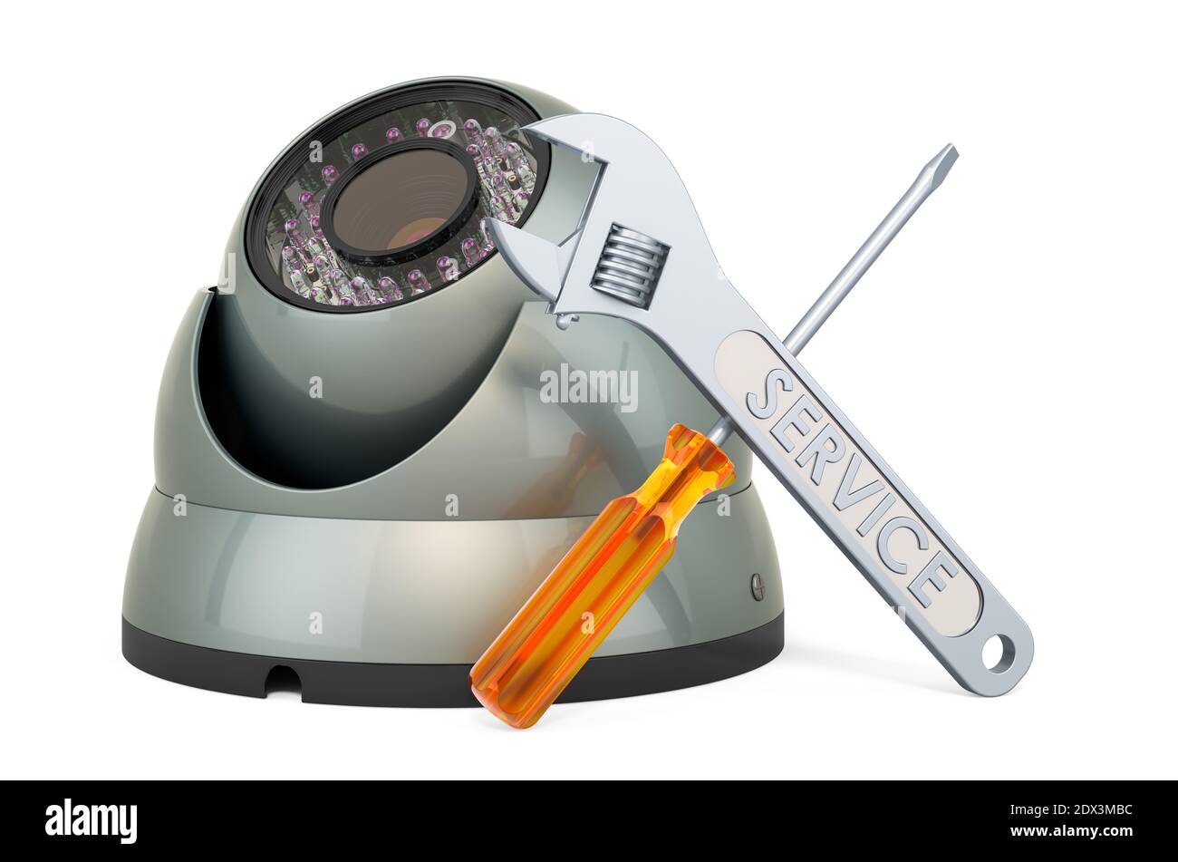 Service and repair of dome security camera, 3D rendering isolated on ...