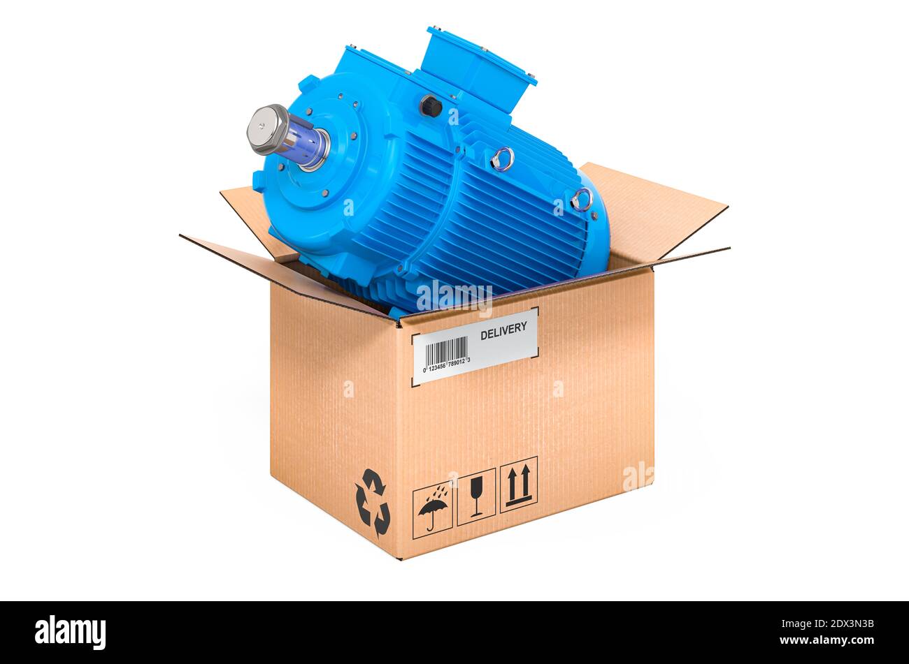Electric motor inside cardboard box, delivery concept. 3D rendering ...