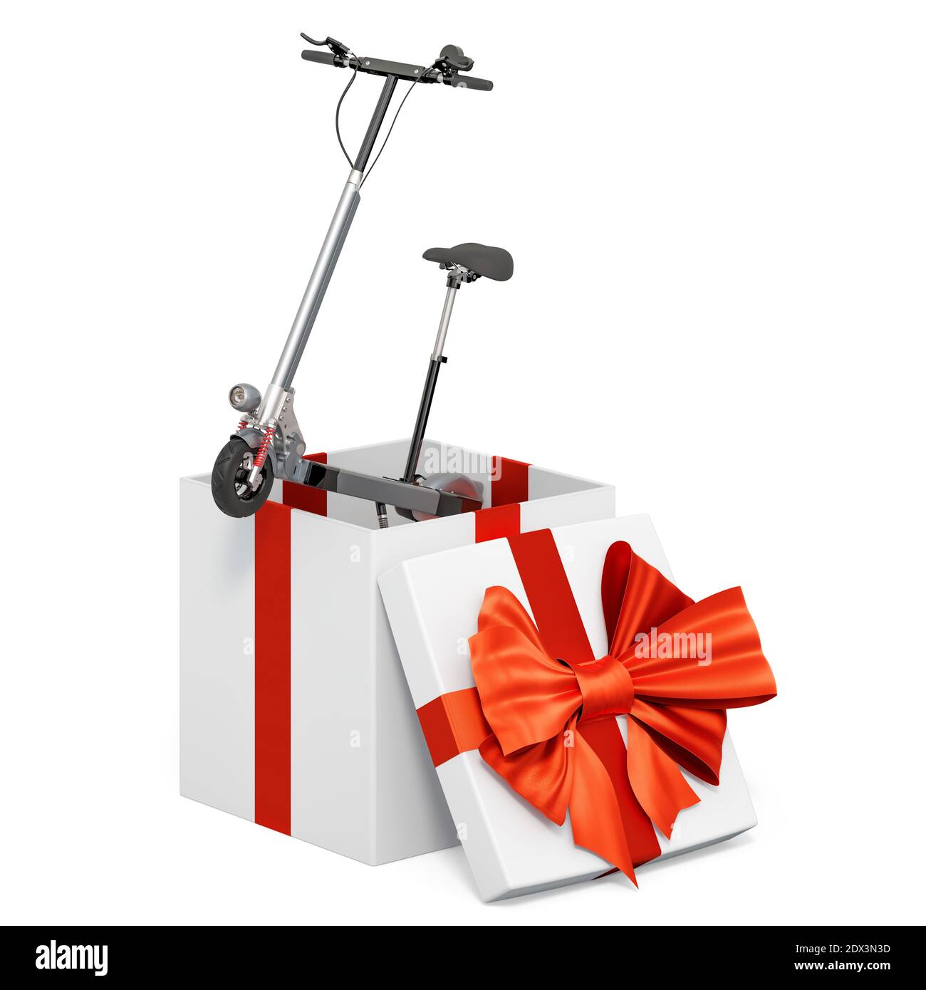 Electric scooter inside gift box, present concept. 3D rendering ...