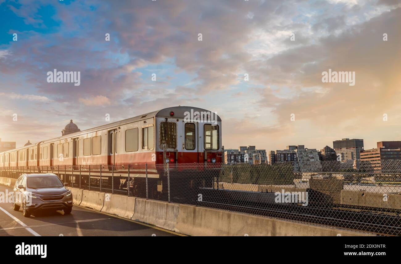 Boston subway lines, train crossing Longfellow bridge over scenic ...